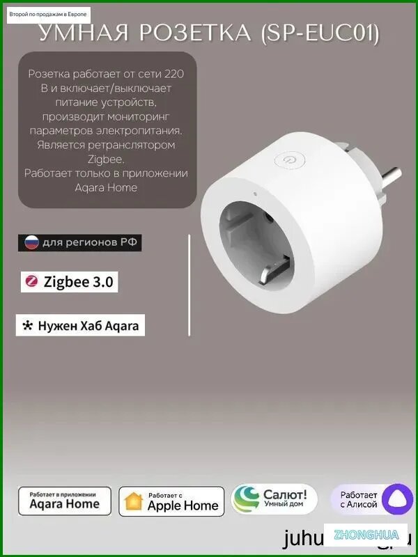 Умная розетка Aqara Smart Plug SP-EUC01 с Zigbee - удаленное управление, мониторинг энергопотребления, защита от перегрузки