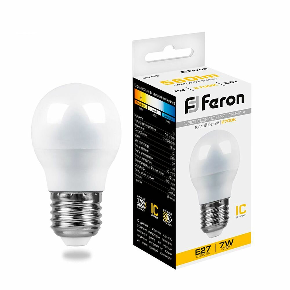 Лампа светодиодная E27 7 Вт G45 шар теплый белый свет 2700K Feron LB-95 25481