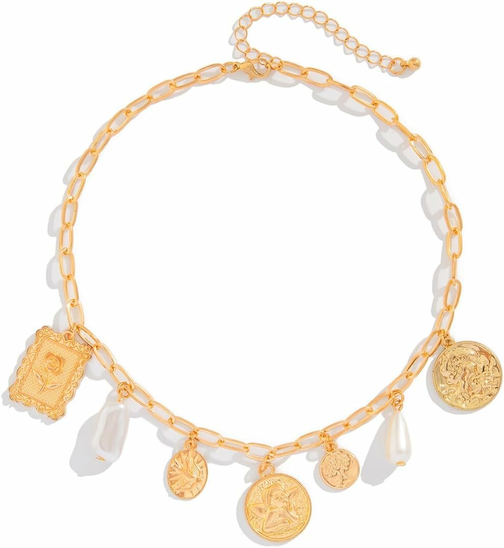 Изысканное женское золотое колье-цепочка с подвеской в виде жемчуга, солнца, клубники, вишни, сглаза, слона, лимона и сердца — милый подарок.