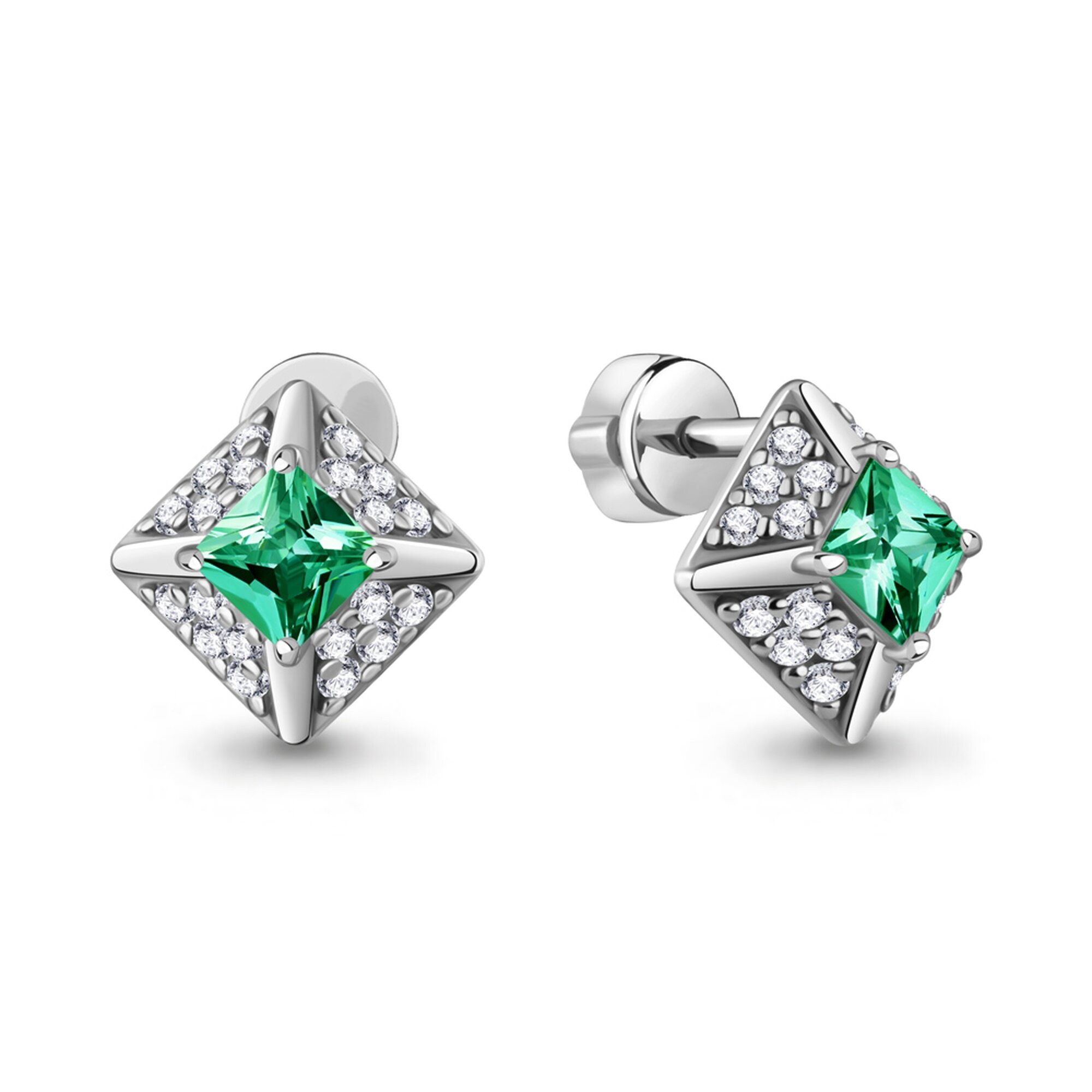 Серьги, серебро, 925 проба, родирование, изумруд синтетический, фианит