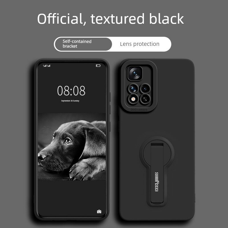 Жидкокремовый силиконовый чехол для Redmi Note 11T Pro, черный с подставкой