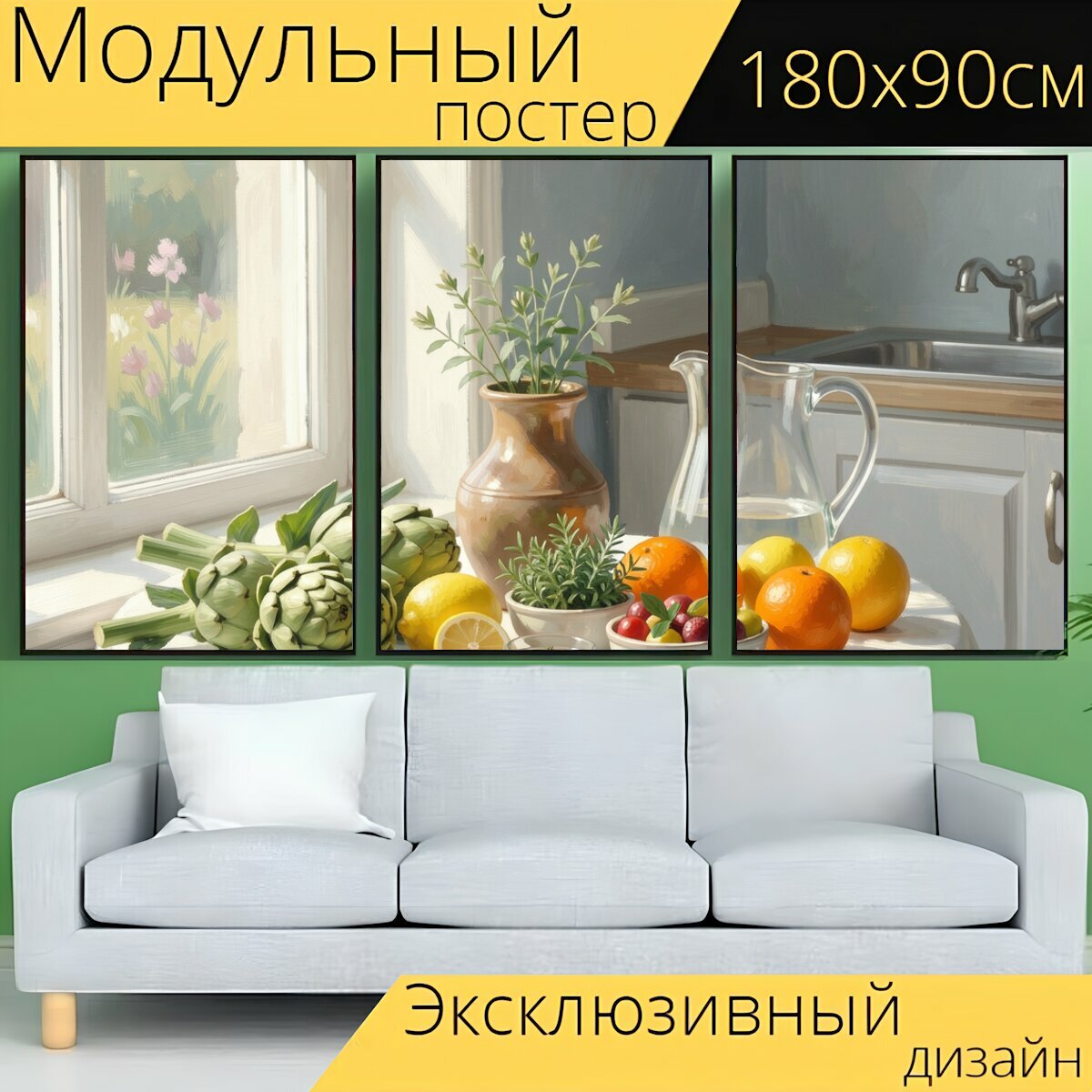 Модульный постер "Солнечный натюрморт у окна. Уютная кухонная композиция в мягкой живописной манере: цитрусы, артишоки, травы." 180 x 90 см. для интерьера на стену в тубусе