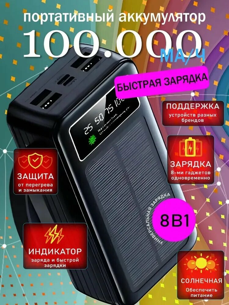 Повербанк, внешний аккумулятор, с солнечной панелью, быстрая зарядка, 100 000mAh