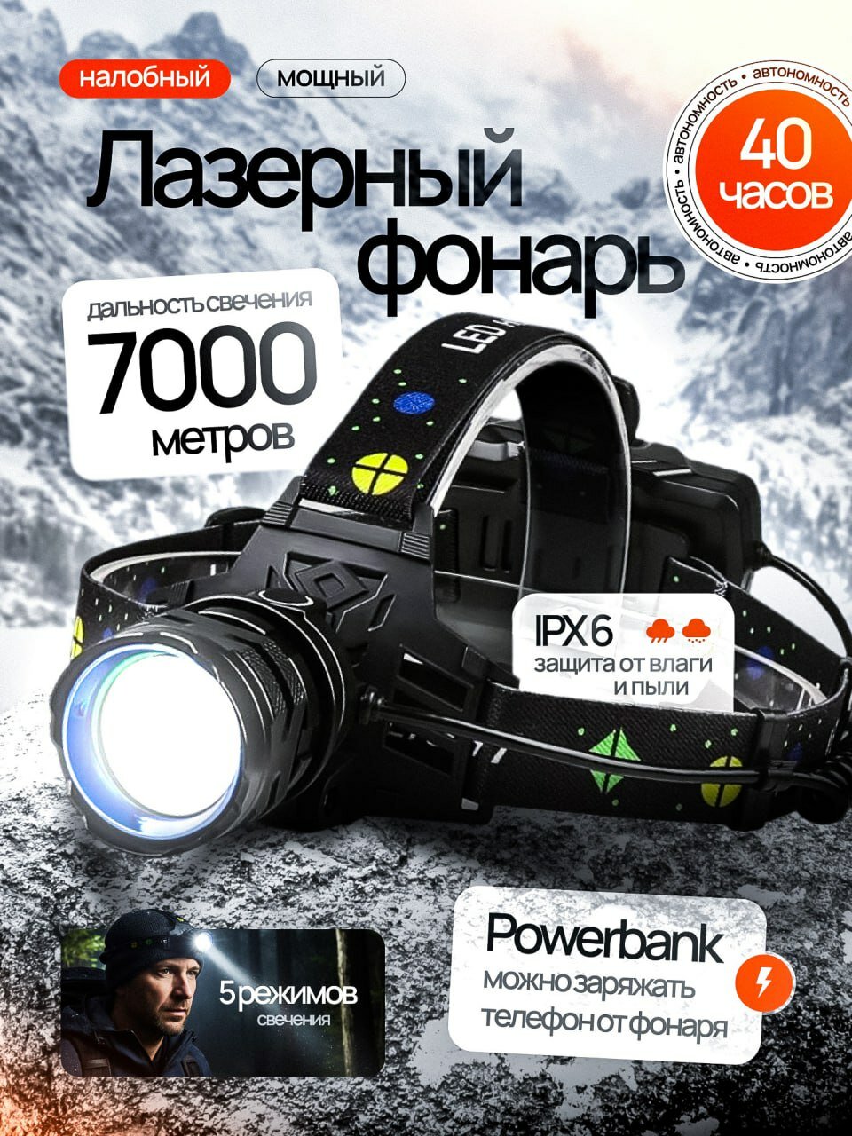 Фонарь налобный, аккумуляторный, светодиодный, LED с зарядкой