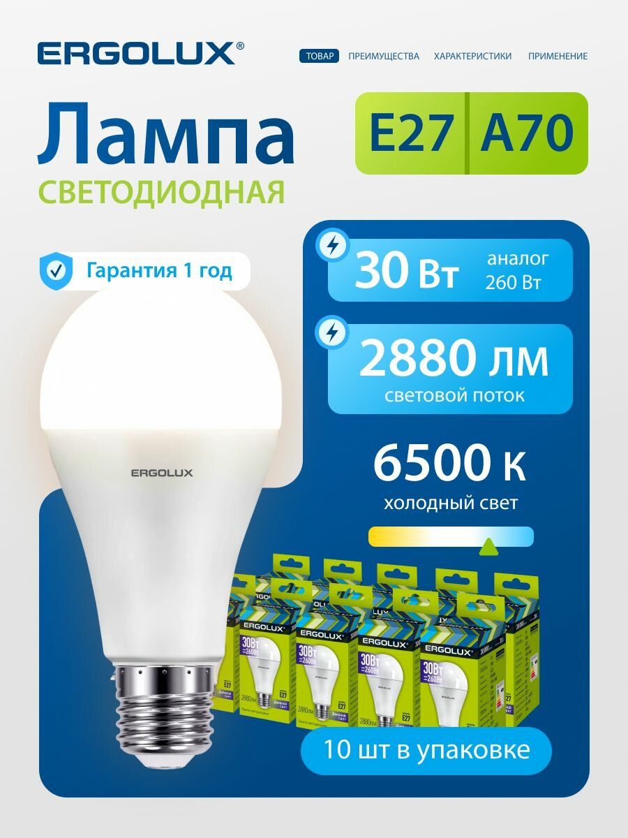 Лампочка светодиодная E27 30 Вт Ergolux, холодный белый свет, 10 шт
