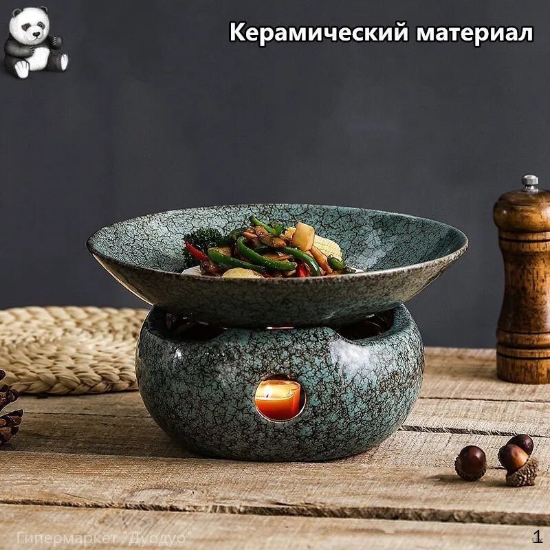 Керамический мармит с подогревом от свечи, 1 шт, 2 л, зеленый цвет, для сервировки и подогрева блюд