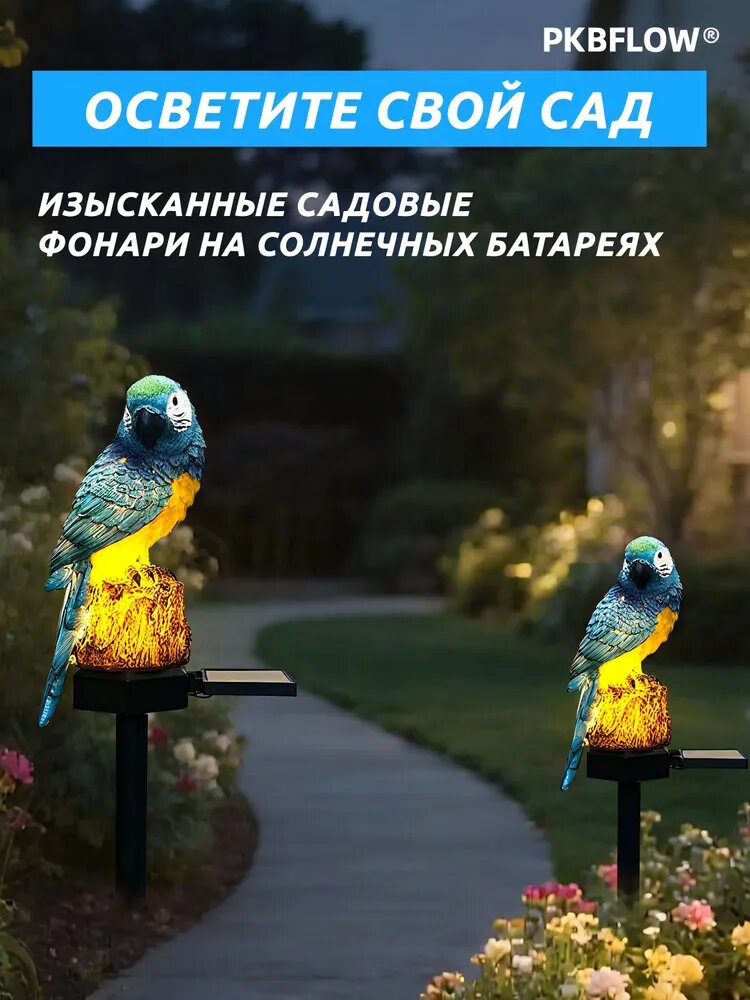 Фигурка садовая Попугай с подсветкой от солнечной батареи, защита от влаги, голубой, материал смола, 13.5X8X8 см — фото 1