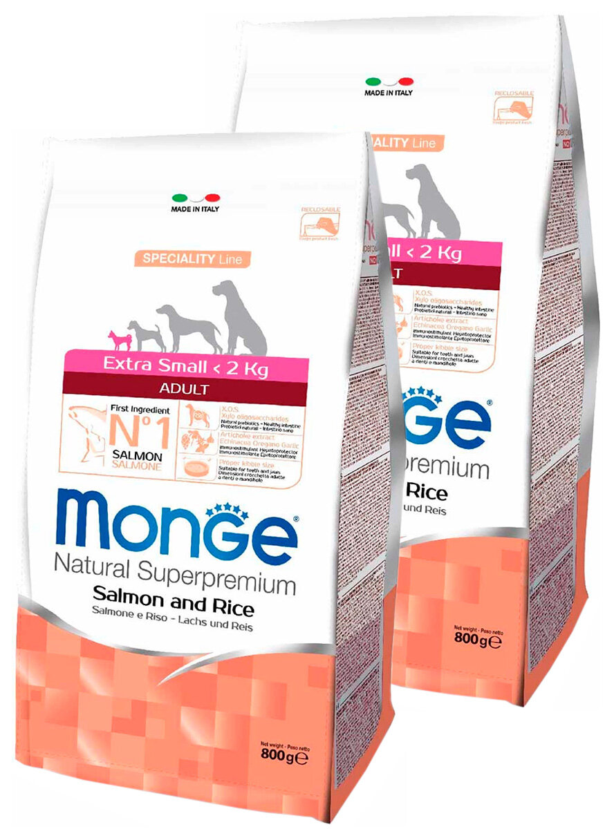 Корм сухой Monge Speciality Dog Extra Small Adult Salmon для взрослых собак маленьких пород, лосось, рис, 0,8 кг 2 шт