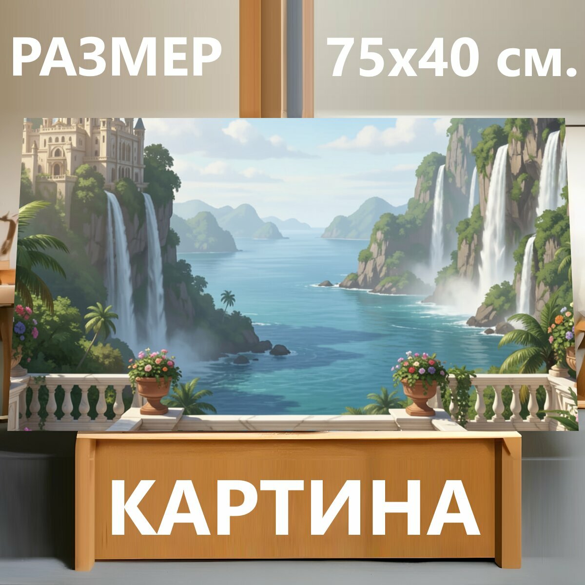 Картина на холсте "Фантастический дворец у моря. Сказочная панорама: величественный замок на скалах, каскады водопадов, бирюзовая бухта и." на подрамнике 75х40 см. для интерьера