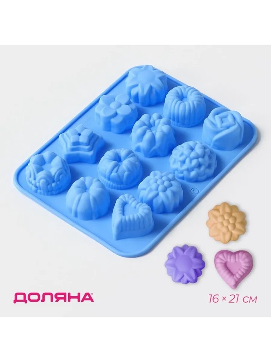 Голубая силиконовая форма для мини-кексов с розами