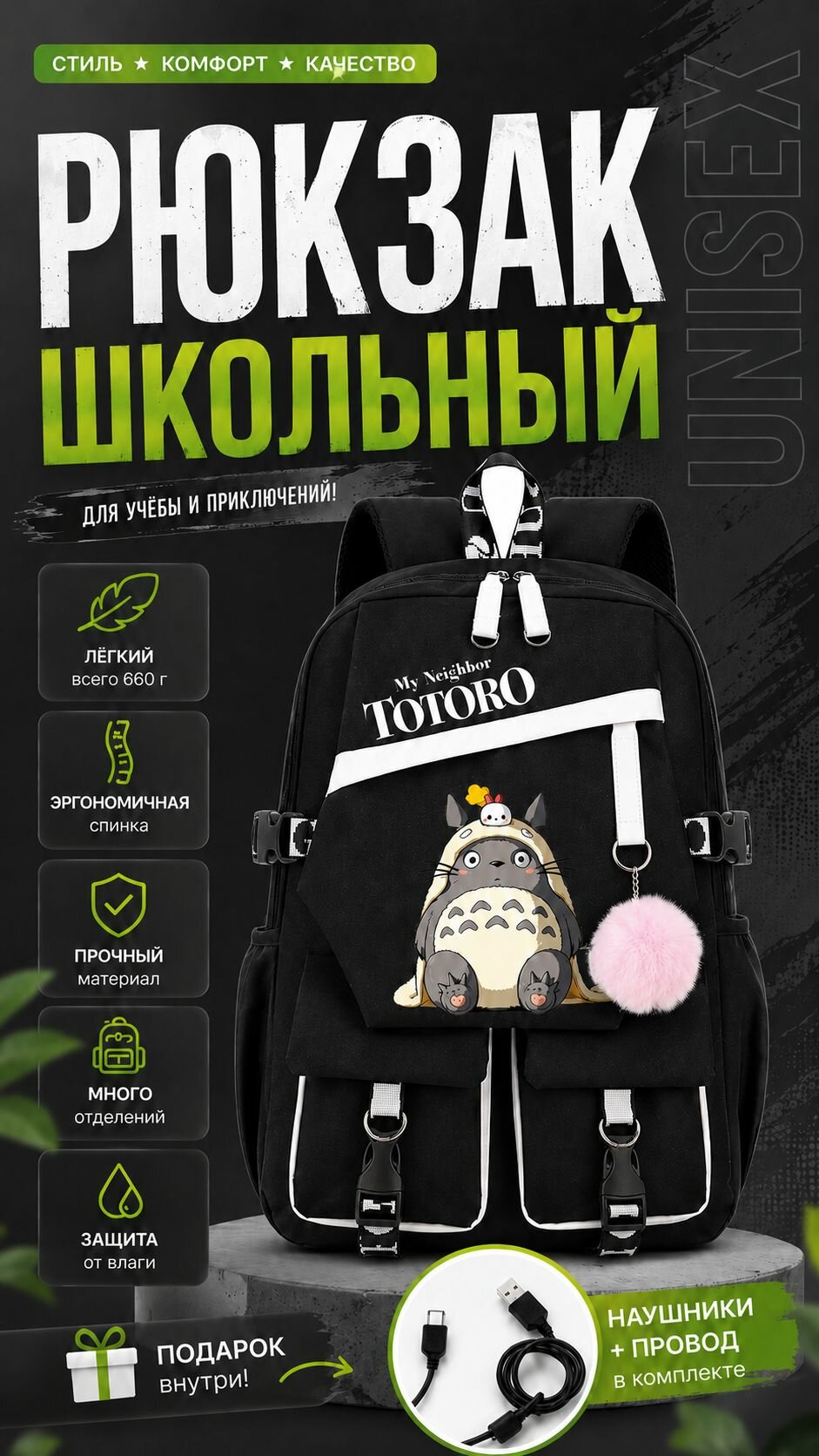 Рюкзак школьный Totoro черный аниме городской подростковый