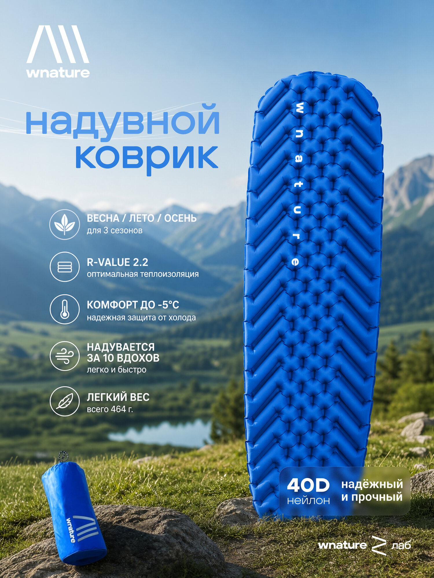 Надувной легкий туристический коврик 185х55х5,5 wnature kovrik