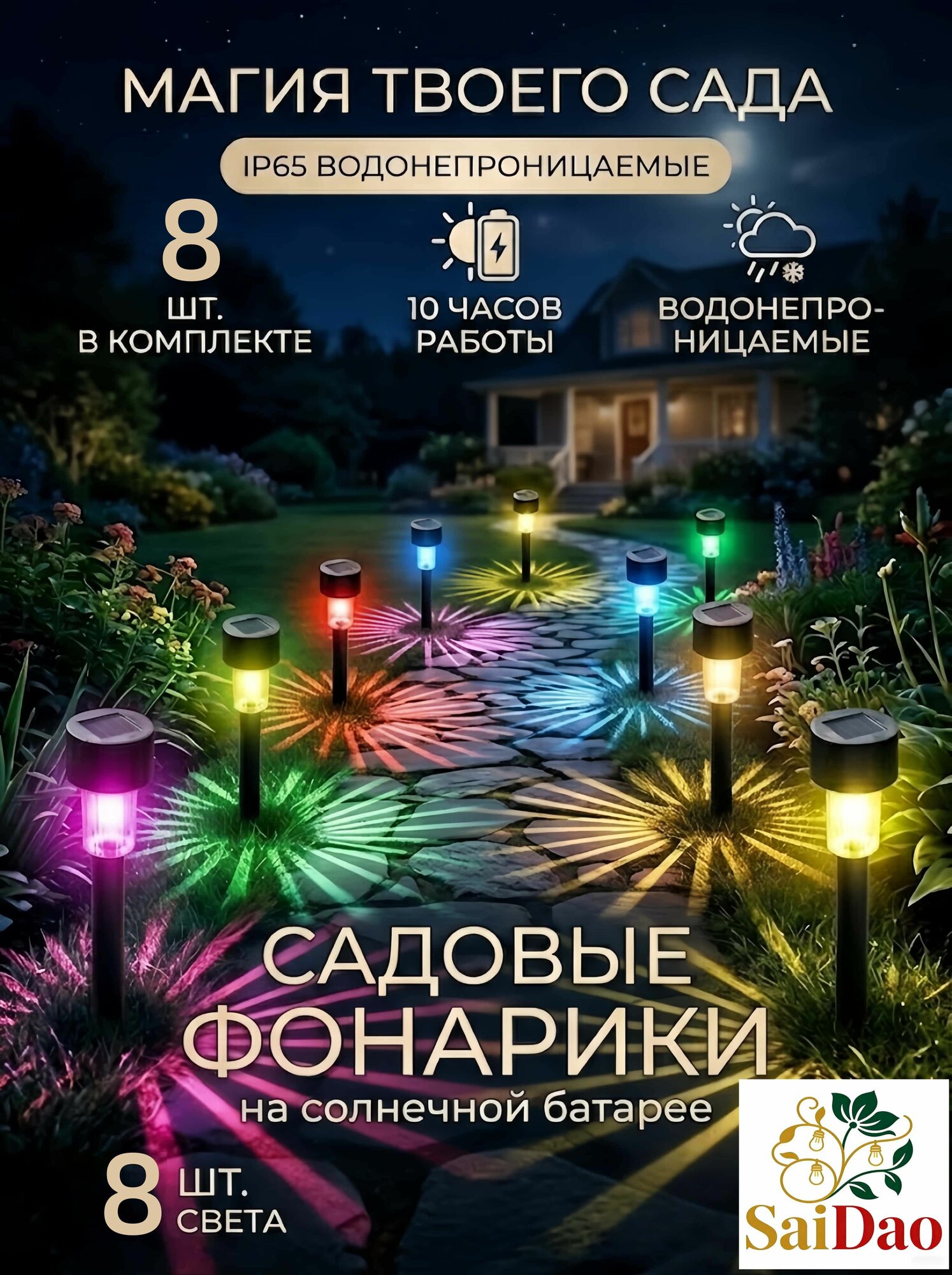 Набор уличных светильников , 8 ламп, IP65, солнечная батарея, влагозащищенные, 8 шт.