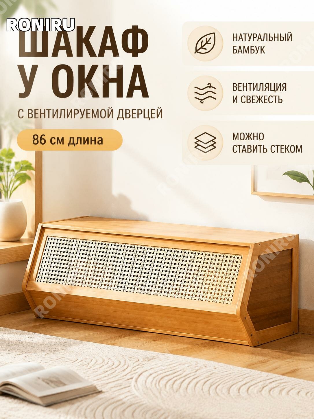 Бамбуковый шкаф для хранения у окна, модульная напольная тумба с сетчатыми вентилируемыми дверцами для балкона и татами86 см