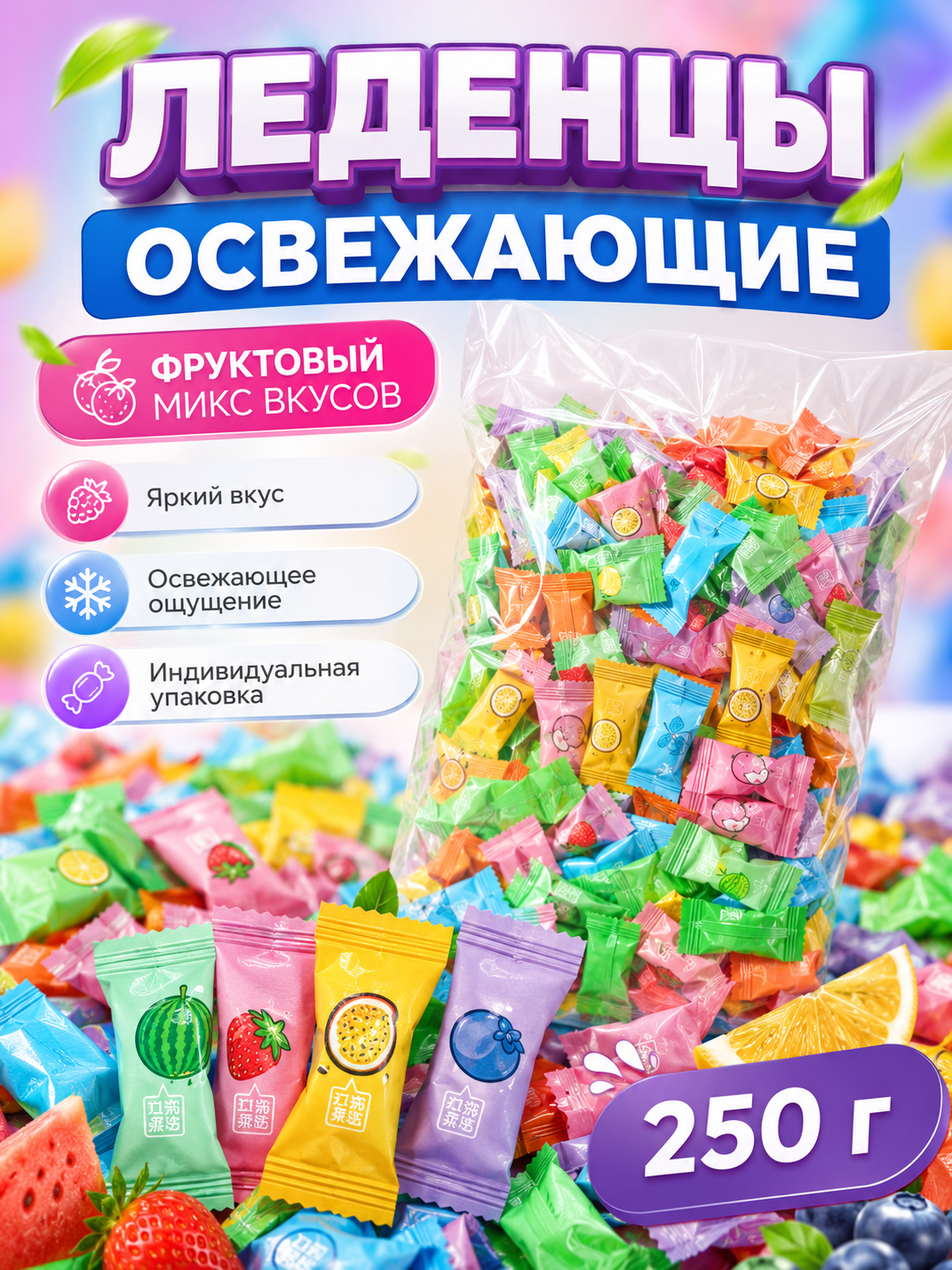 Леденцы "Китайские" освежающие , без сахара, с витамином C, 250 штук, 250 г