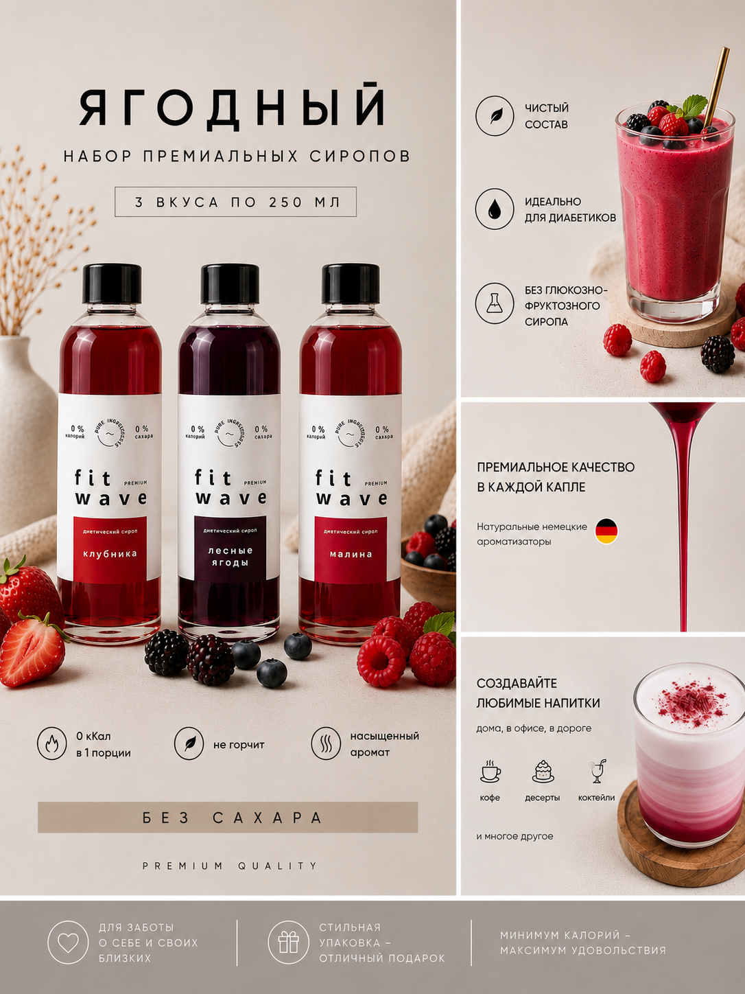 Набор сиропов 3 вкуса по 250 мл FitWave Ягодный без сахара диетических низкокалорийных для кофе, сахарозаменитель