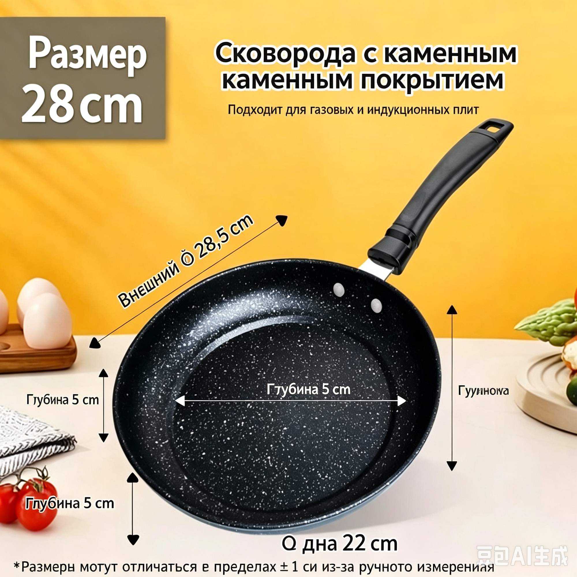 Сковорода 28 см с каменным антипригарным покрытием, подходит для газа и индукции