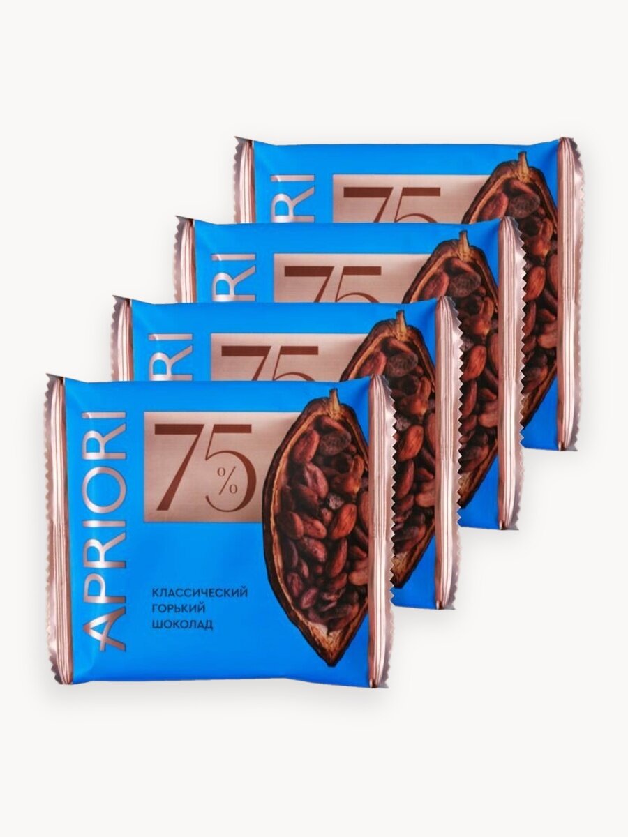 Горький шоколад 75% какао APRIORI, 4 шт по 45г, шоколадная плитка