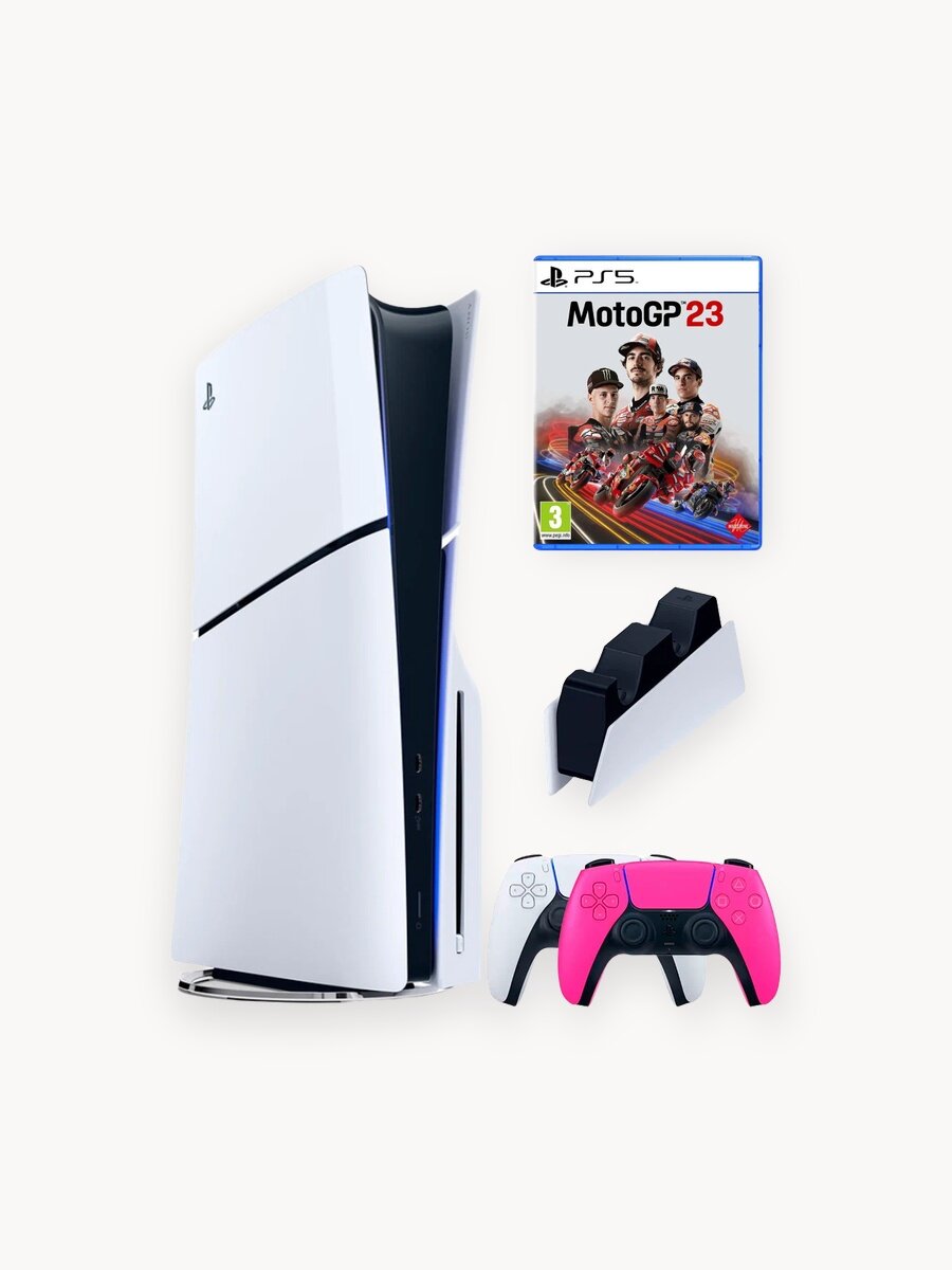 PS5 (ПС5) Игровая приставка Sony PlayStation 5 Slim disk+2-й геймпад(розовый)+зарядное+ MotoGP 23, 1000 ГБ