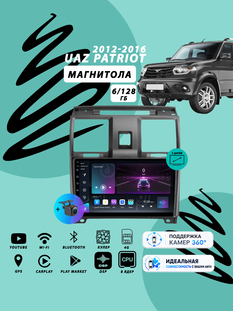 Магнитола UAZ Patriot / УАЗ Патриот (2012-2016) 6ГБ+128ГБ 4G/Android/360/8 ядер