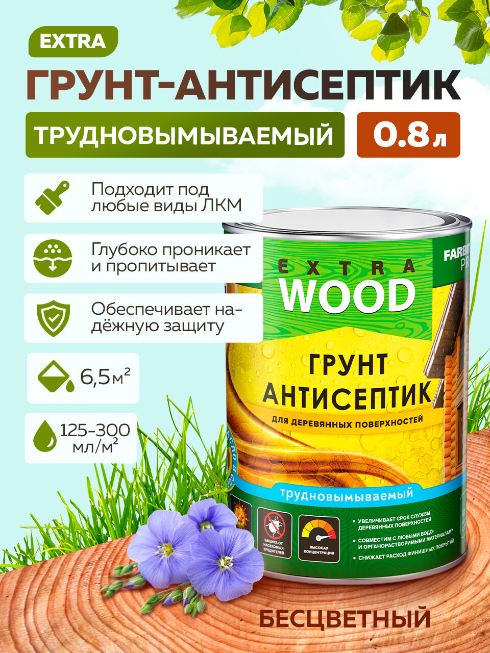 Грунт антисептик, пропитка для дерева FARBITEX PROFI WOOD EXTRA, Бесцветный, 2,5 л