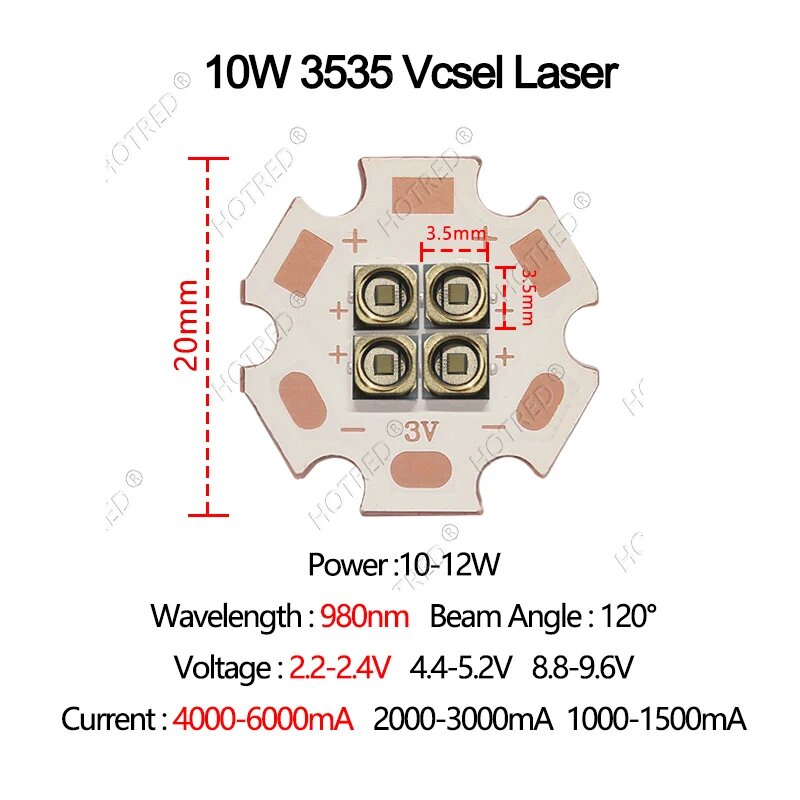IR Led Diode 10W 3535 HotRed 980nm 2.2-2.4V