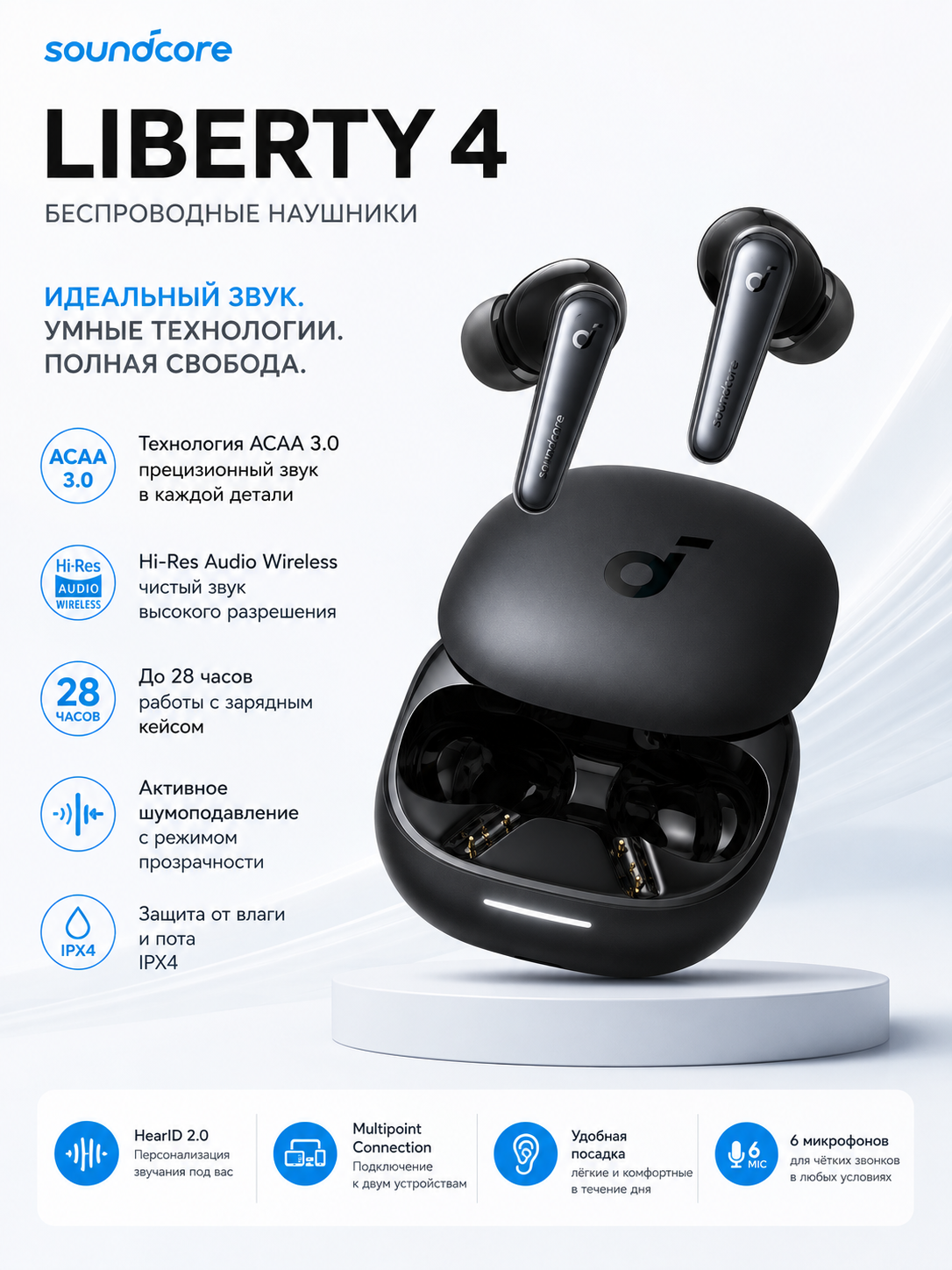 Беспроводные наушники Anker Soundcore Liberty 4 Midnight Black, TWS, Adaptive ANC, LDAC, Spatial Audio, Bluetooth 5.3, до 28 ч