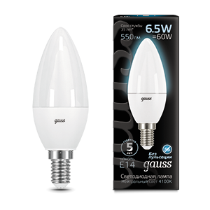 Лампа светодиодная Gauss Black, Свеча, 6.5W, 550lm, 4100К, цоколь E14, LED