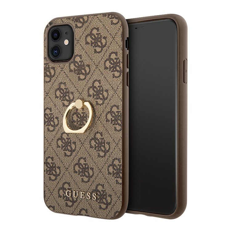 Guess для iPhone 11 чехол PU 4G + Ring Hard Brown