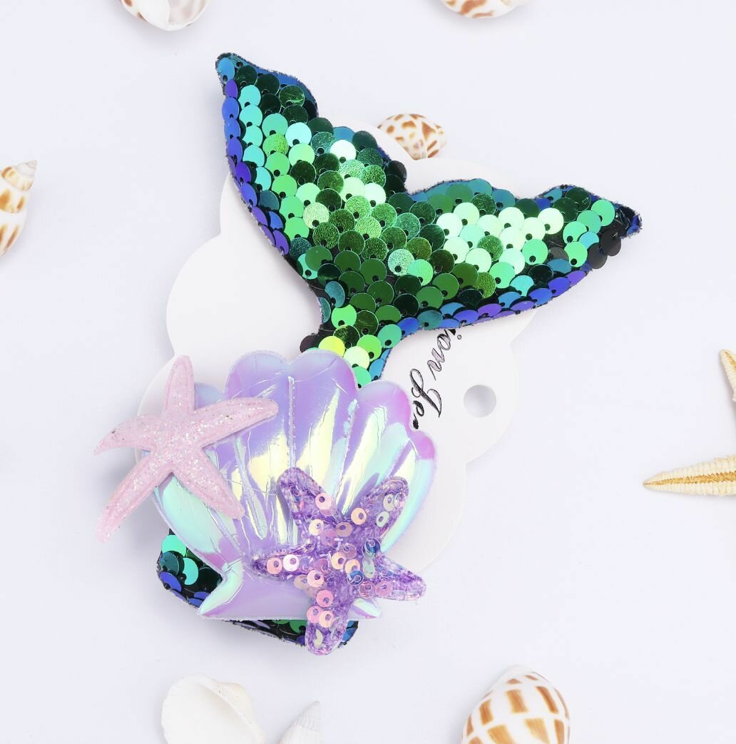 Красивая большая заколка для волос детская с блестящими пайетками рыбий хвост русалки сине-зеленая EEbaby