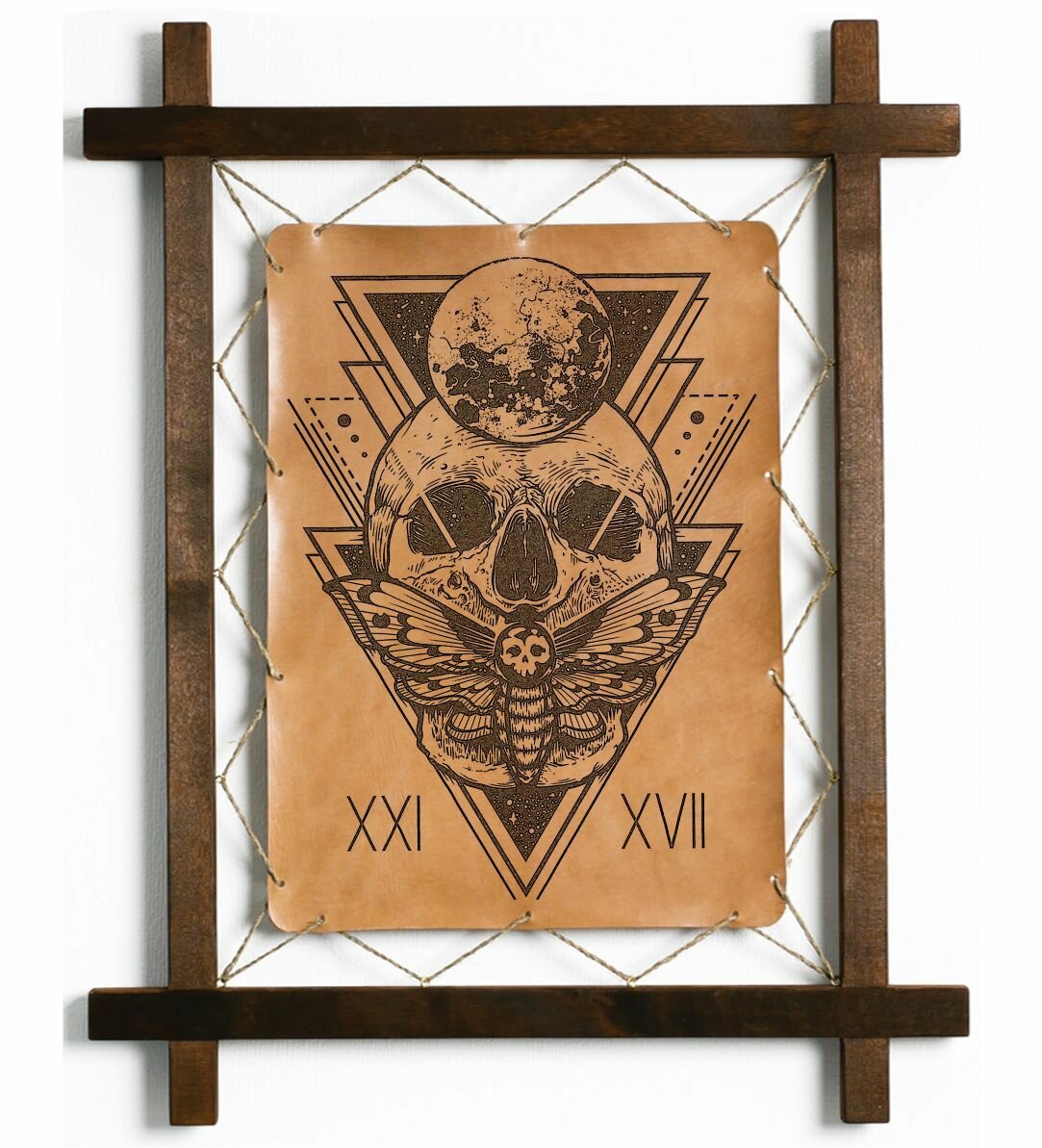 Интерьерная картина из натуральной кожи "Череп", декоративное настенное панно в деревянной раме, BoomGift