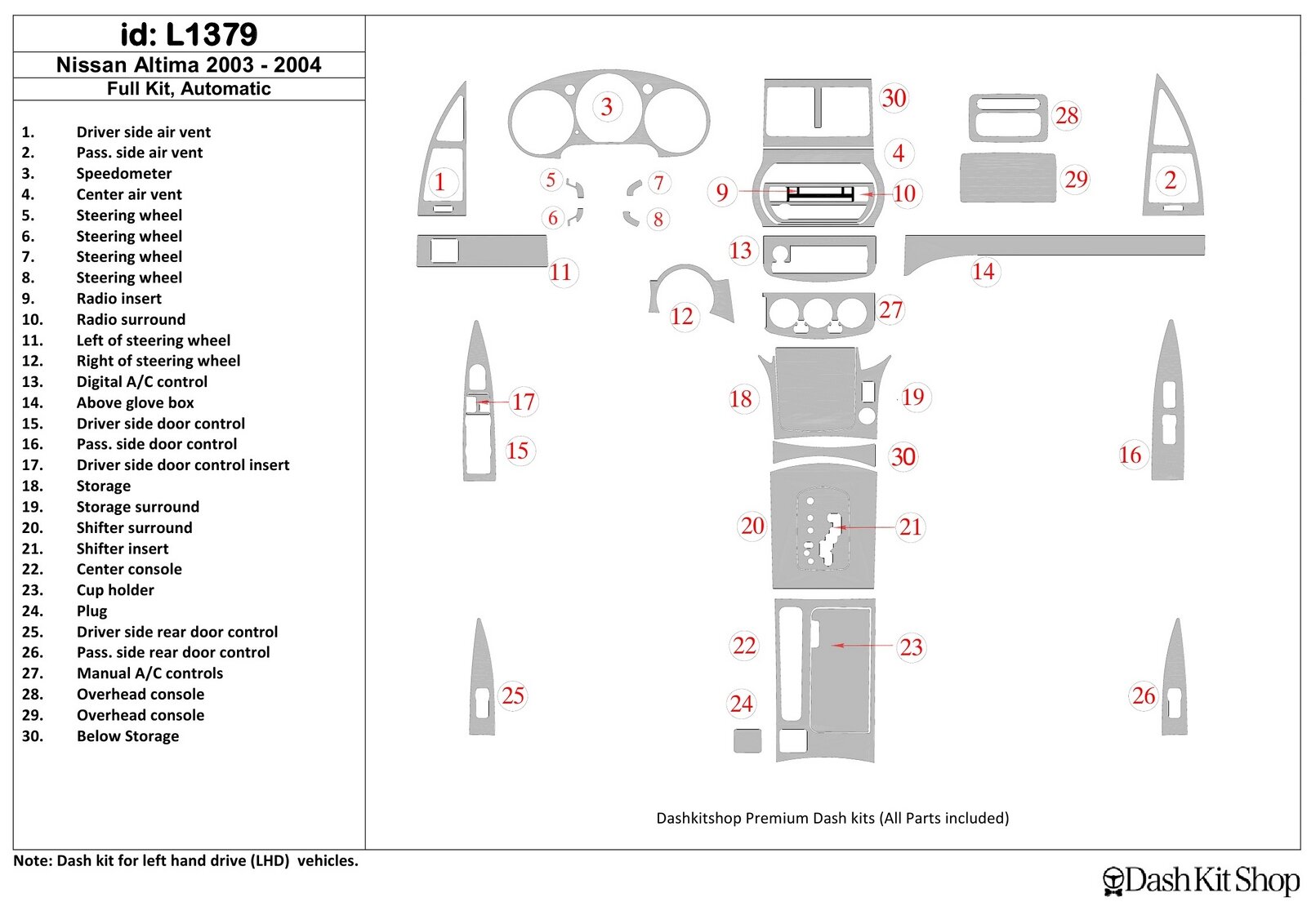 Накладки салона под дерево, карбон, алюминий для Nissan Altima 2003-2004. Комплект L1379.