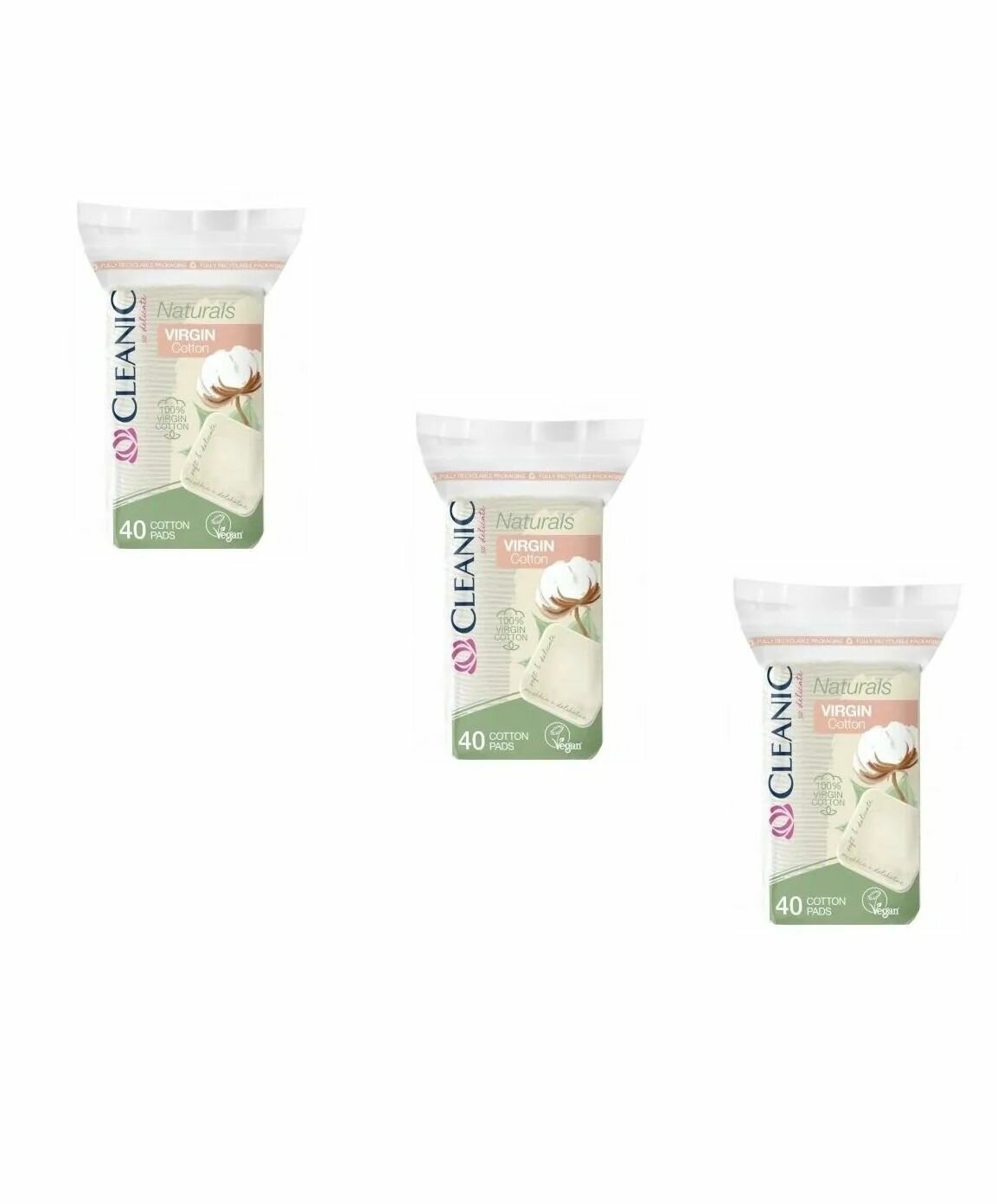 Cleanic Naturals Virgin Cotton Ватные диски гигиенические квадрат 40 шт, 3 уп