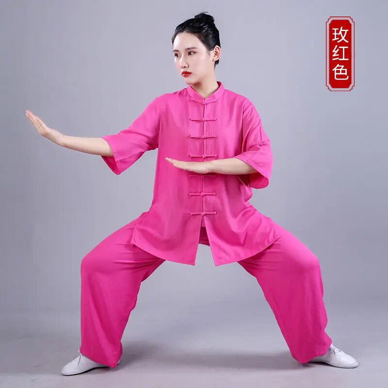 Розовый костюм для Тай Чи из хлопка и льна, Размер XS