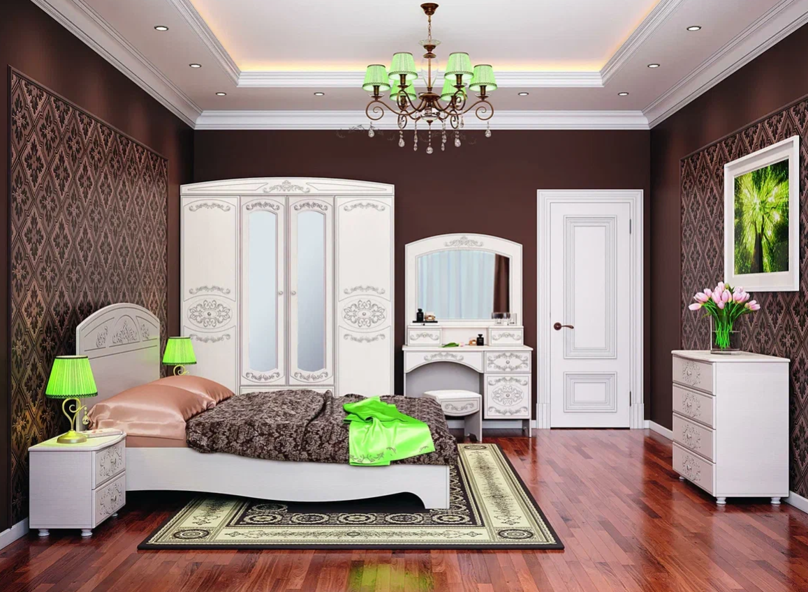 Спальня Олимп Каролина (Шкаф 4-х дверный с зеркалом+Стол туалетный+Полка с зеркалом+Банкетка+Комод+Тумба прикроватная+Тумба прикроватная+Кровать 1600 с ортопед.) Патина вудлайн кремовый, Сандал белый