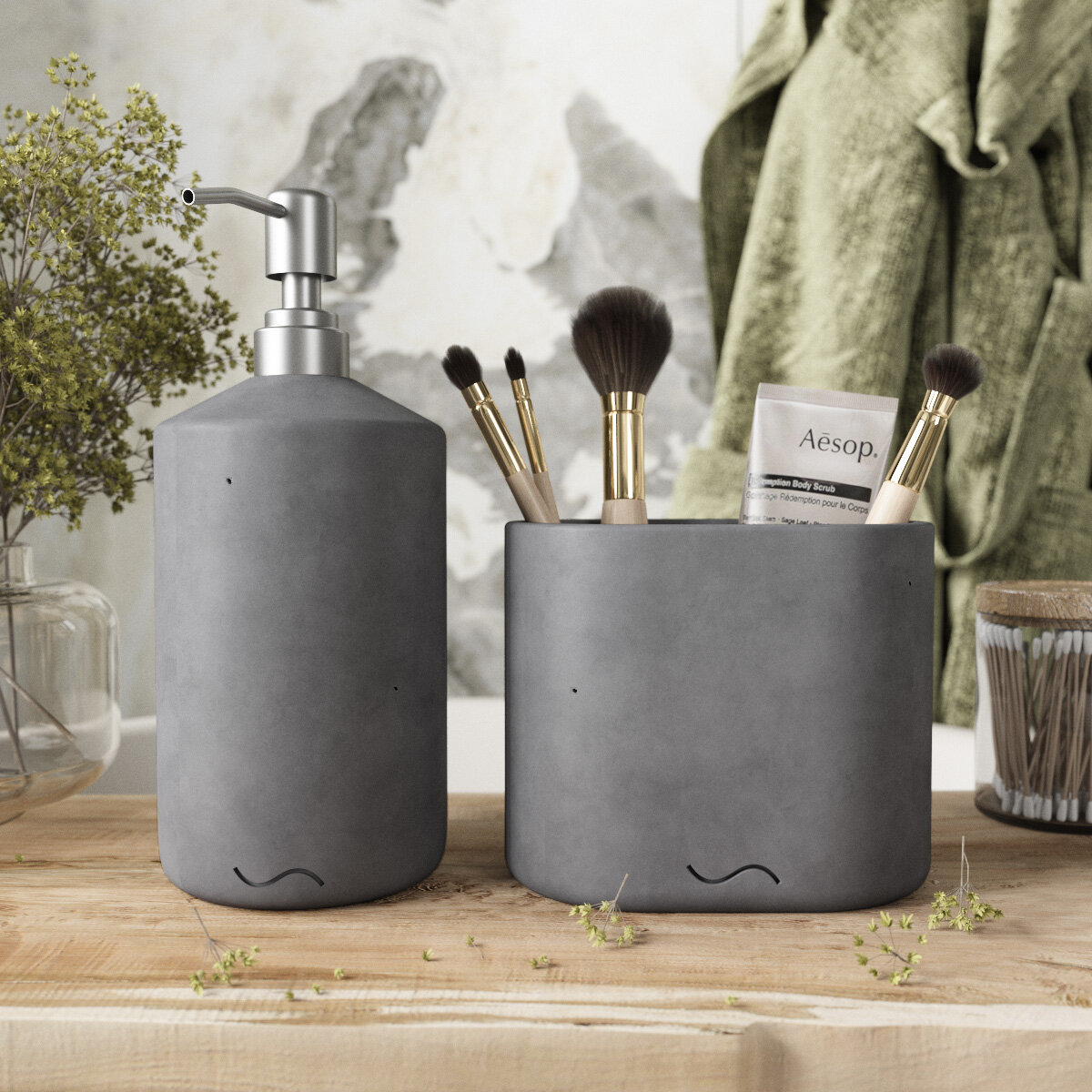 Набор для ванной Astrid 18 (дозатор для жидкого мыла 0,4 л, двойной стакан для зубных щёток) бетон, черный матовый