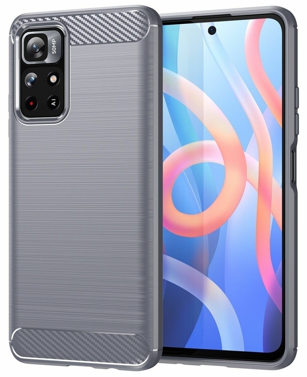 Чехол для Poco M4 Pro 5G силиконовый карбон сталь серый противоударный