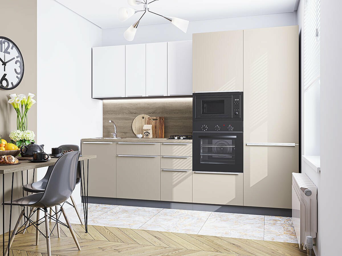 Кухня Фьюжн-07, цвет фасада Cream Silk/Silky White, цвет каркаса Graphite, 2140*2700*600 мм
