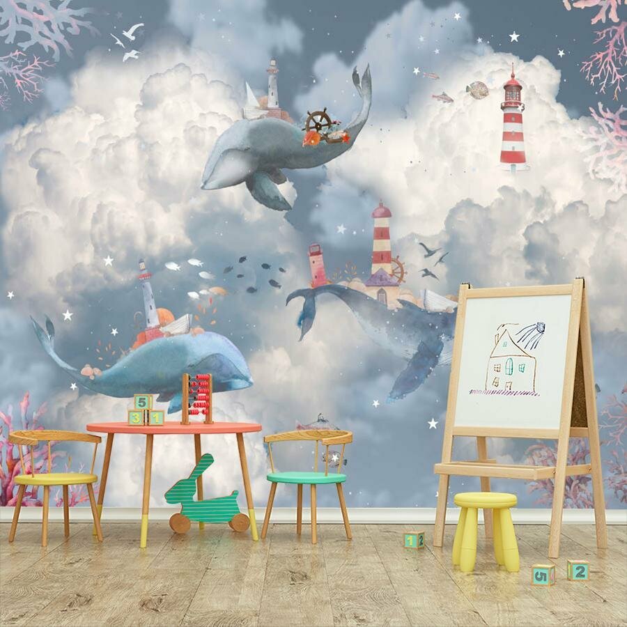 Фотообои Киты в облаках 13-053-M-Флок 270 x 300 см (ВхШ) Бесшовные, флизелиновые, влагостойкие обои