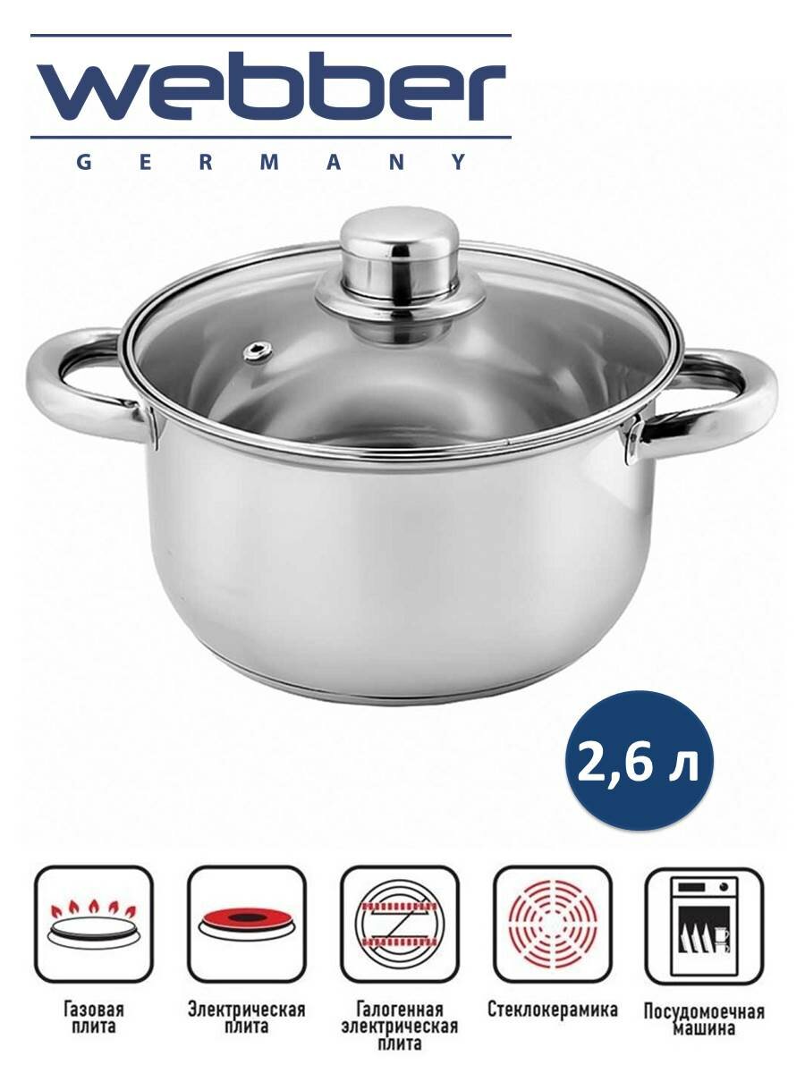 Кастрюля Webber BE-156/2 из нержавеющей стали со стеклянной крышкой, 2.6 л