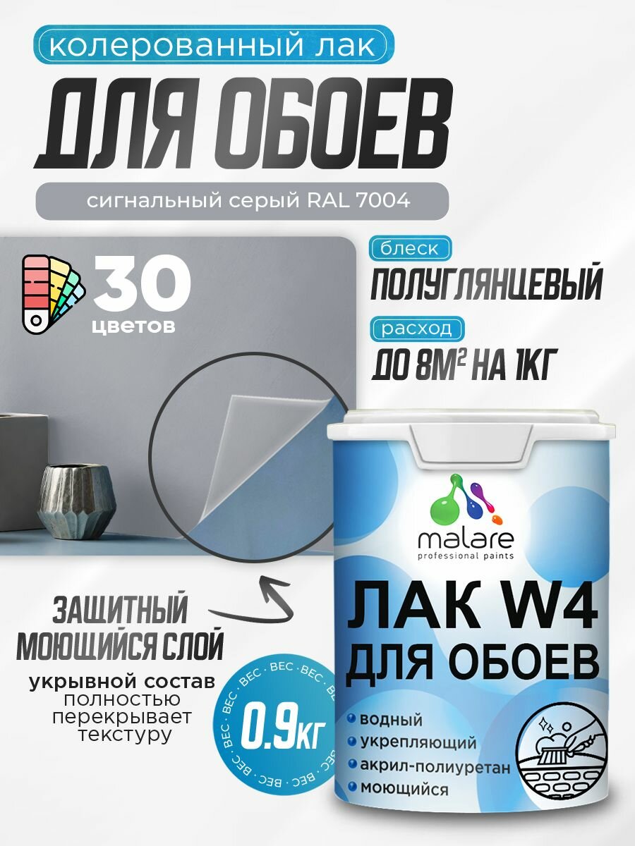 Лак колерованный укрывной для защиты обоев Malare W4 универсальный для дерева и минеральных поверхностей, водный без запаха быстросохнущий, полуглянцевый RAL 7004 сигнальный серый, 0.9 кг.