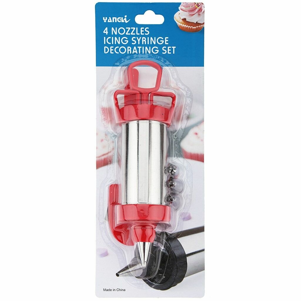 Кондитерский набор КНР "Крем-чиз", шприц из нержавеющей стали 19х6,3х6,3 см, 4 насадки для крема, лопатка 18,7 см, красный