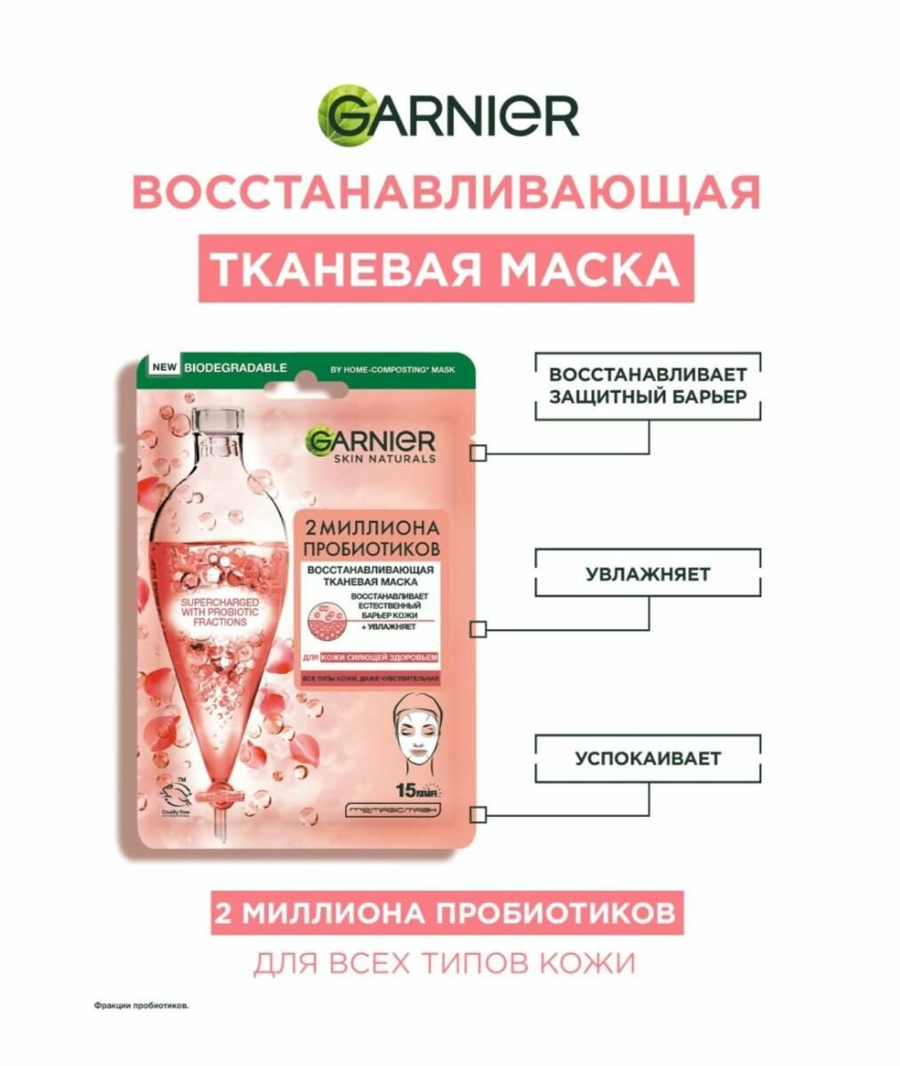 Тканевая маска для лица Garnier Восстанавливающая с пробиотиками, 23 г