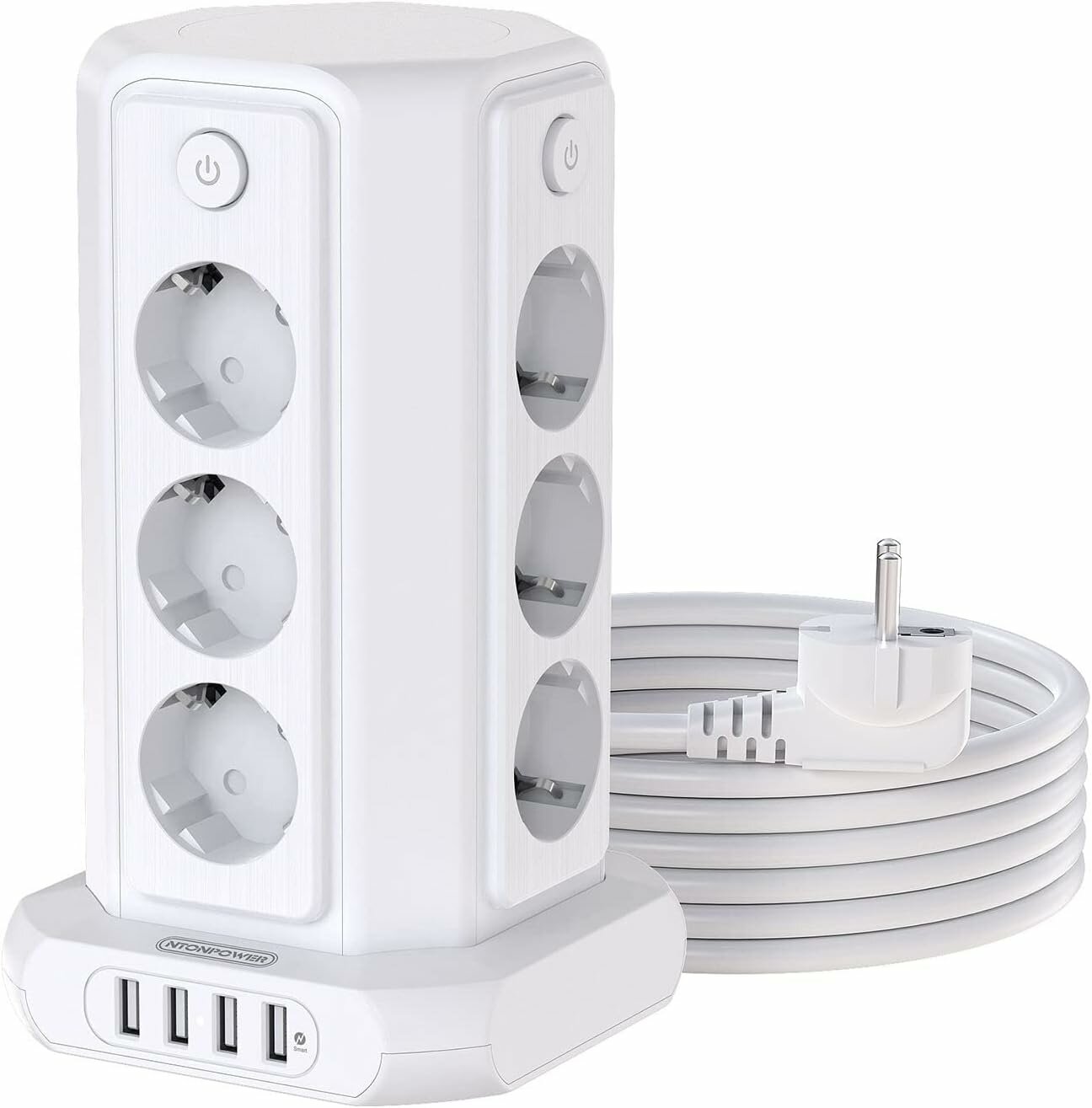 Сетевой фильтр с выключателем NTONPOWER LSP Удлинитель сетевой, 12 розетки 4 USB, 16A/4000W 3 м удлинитель, Множественная защита безопасности, белый