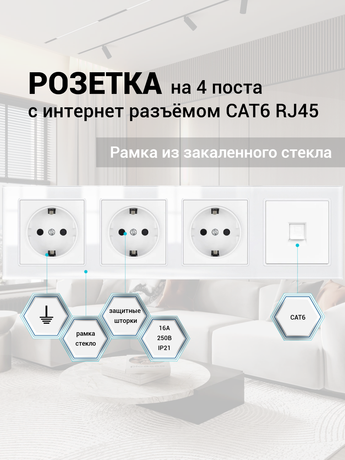 Розетка четырехпостовая с интернетом RJ-45 CAT6, 4 поста, рамка стекло, 295х82х8 мм, цвет белый