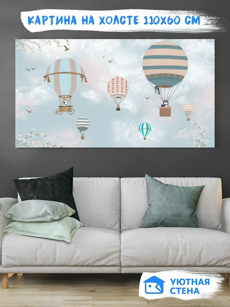 Картина на натуральном холсте Уютная стена "Воздушные шары на фоне голубого неба" 110х60 см
