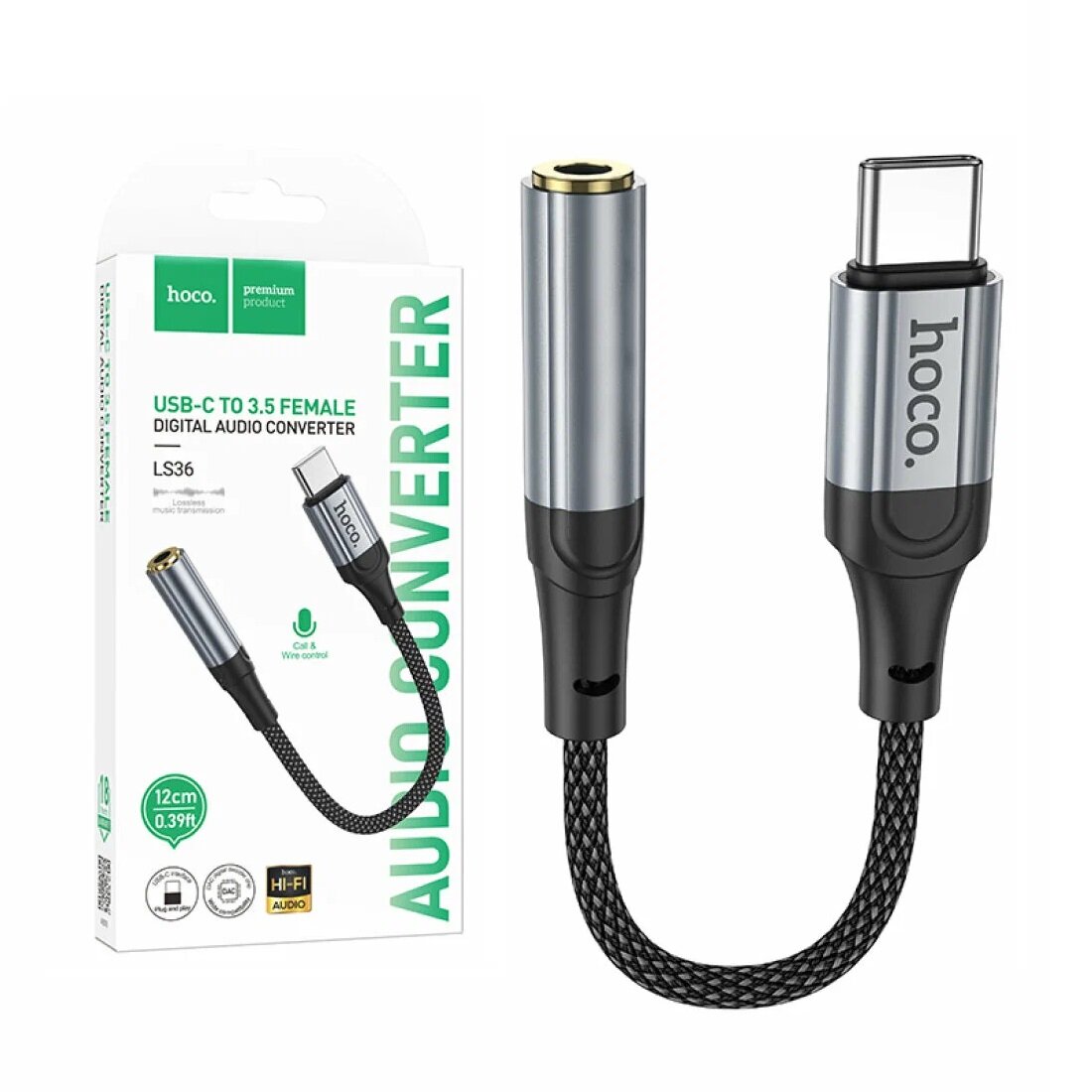 Переходник адаптер Type-C - Mini Jack 3.5 мм Hoco LS36, нейлон, 12 см, черный