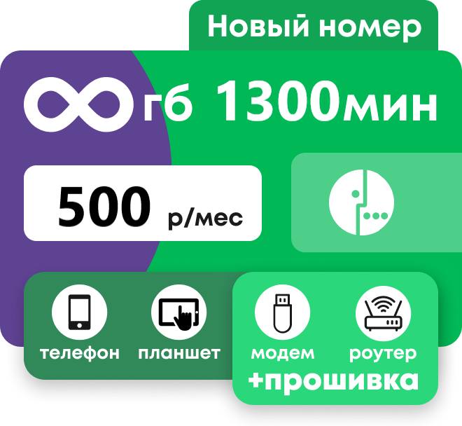 Сим-карта "МегаФон 1300", безлимитный интернет, 500р./мес. (саморегистрация)
