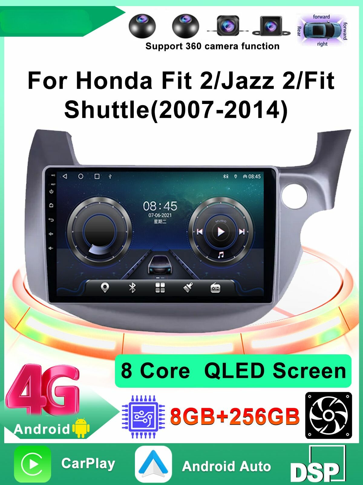 Магнитола для Автомагнитол Honda Fit 2/Jazz 2/Fit Shuttle 2007-2014 2 DIN Android Auto Carplay 9-дюймовое головное устройство Android FM RDS WIFI 4 Core