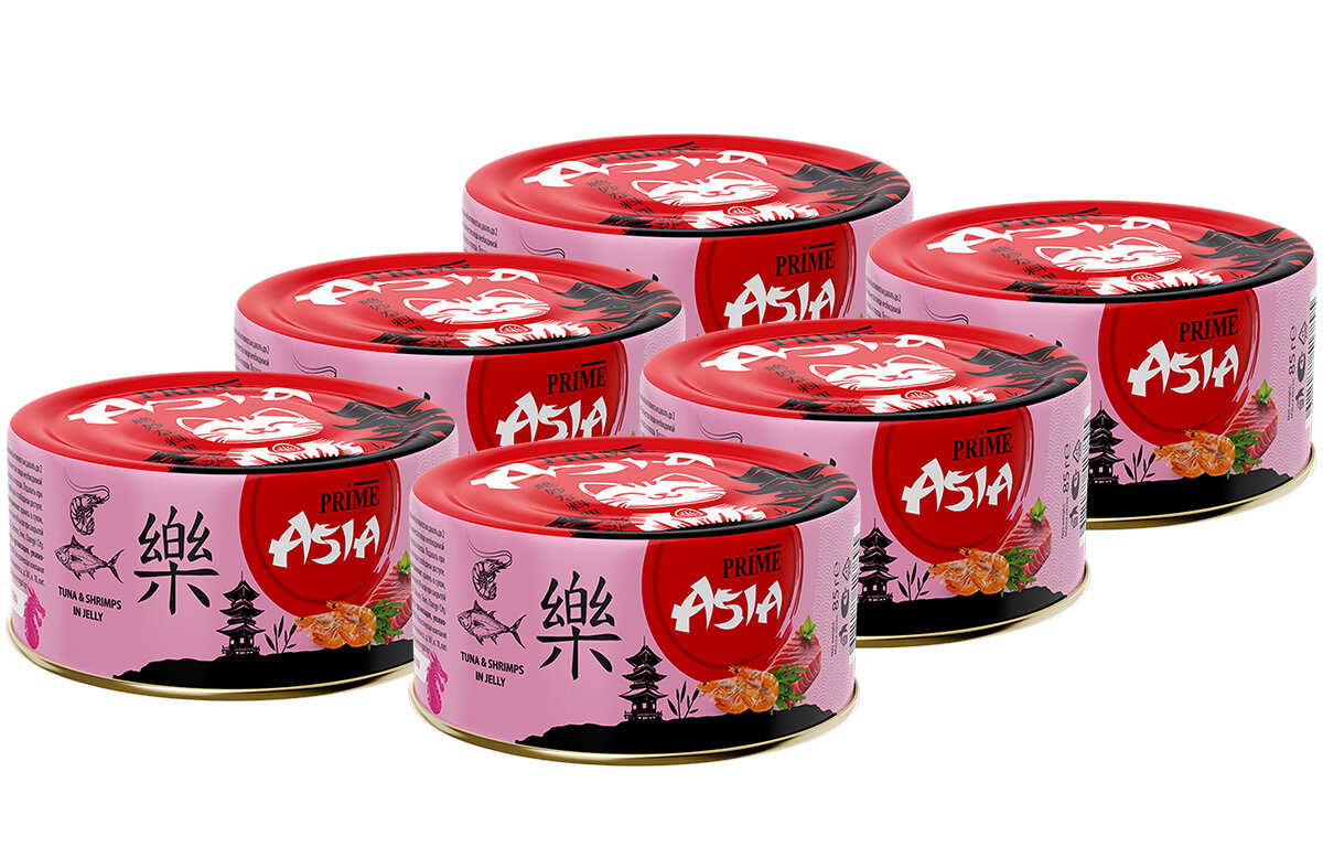 Корм влажный Prime Asia Tuna & Shrimps для кошек, тунец и креветки в желе, 85 г х 6 шт